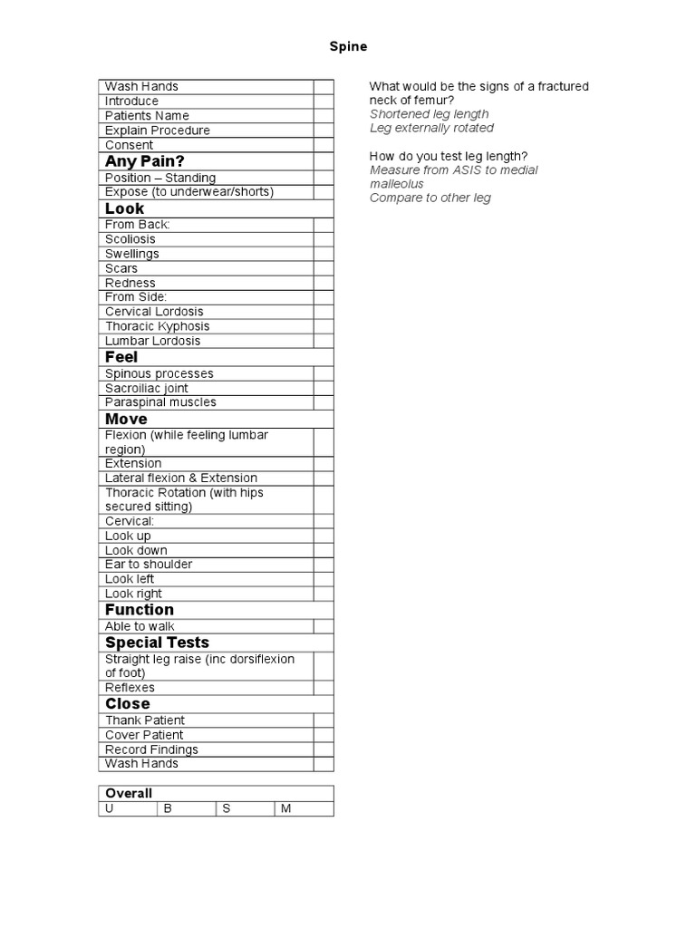 Spine REMS OSCE Exam Checklist | PDF
