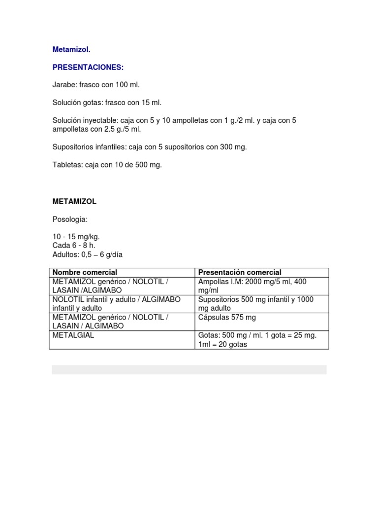Dosis pediátrica de metamizol y metalgial | PDF | Rtt | Grupo funcional