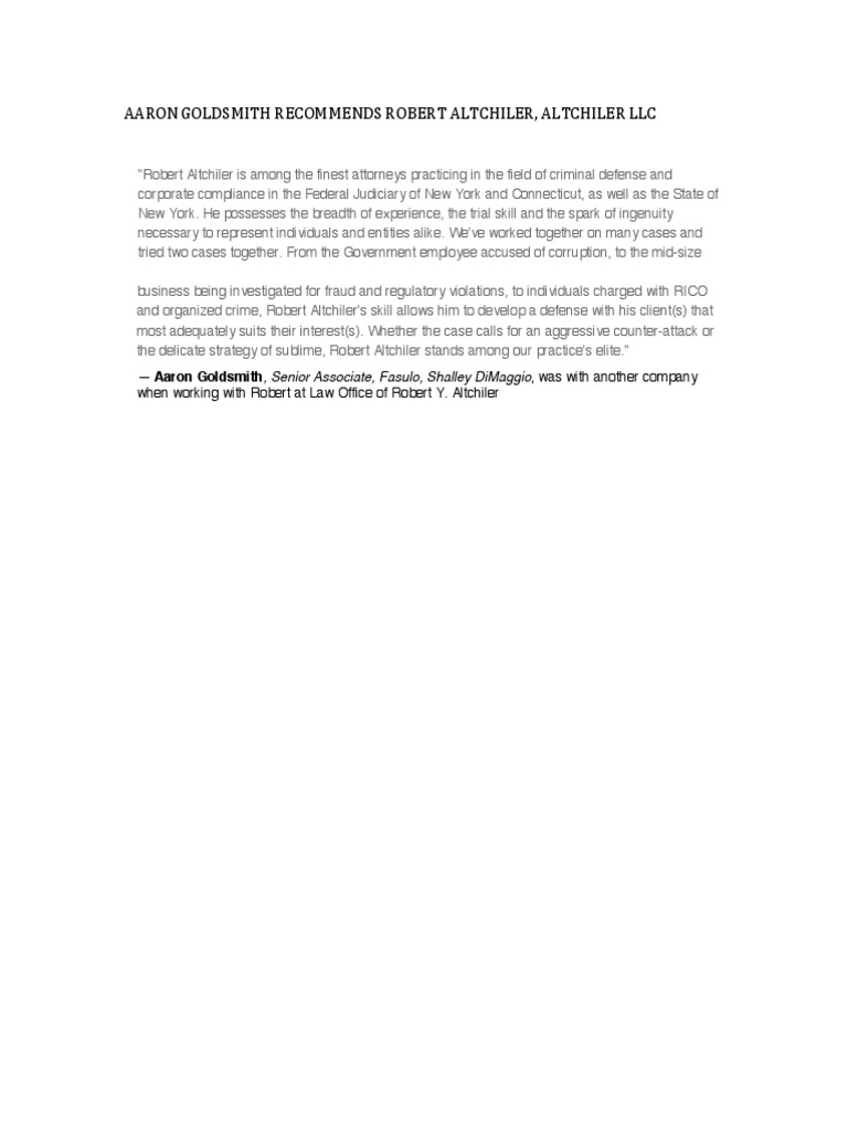 Aaron Goldsmith Recommends Robert Altchiler PDF | PDF | Lawyer | Law Firm