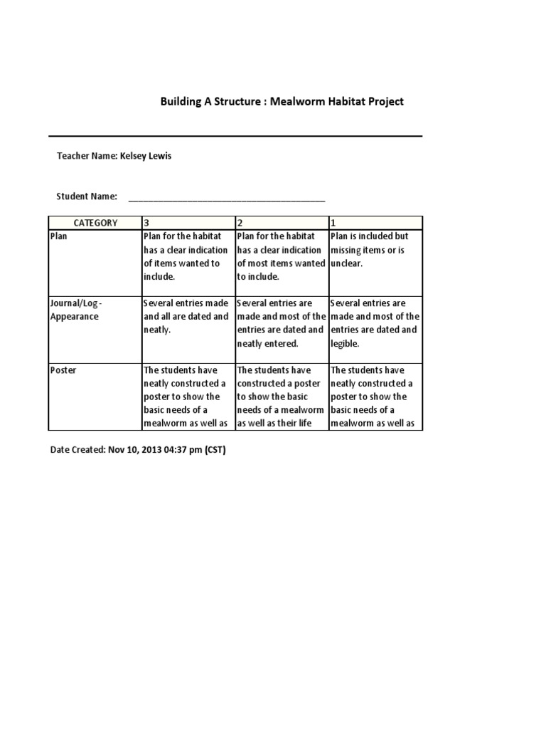 Mealworm Habitat Project Rubric | PDF | Career & Growth | Language Arts ...