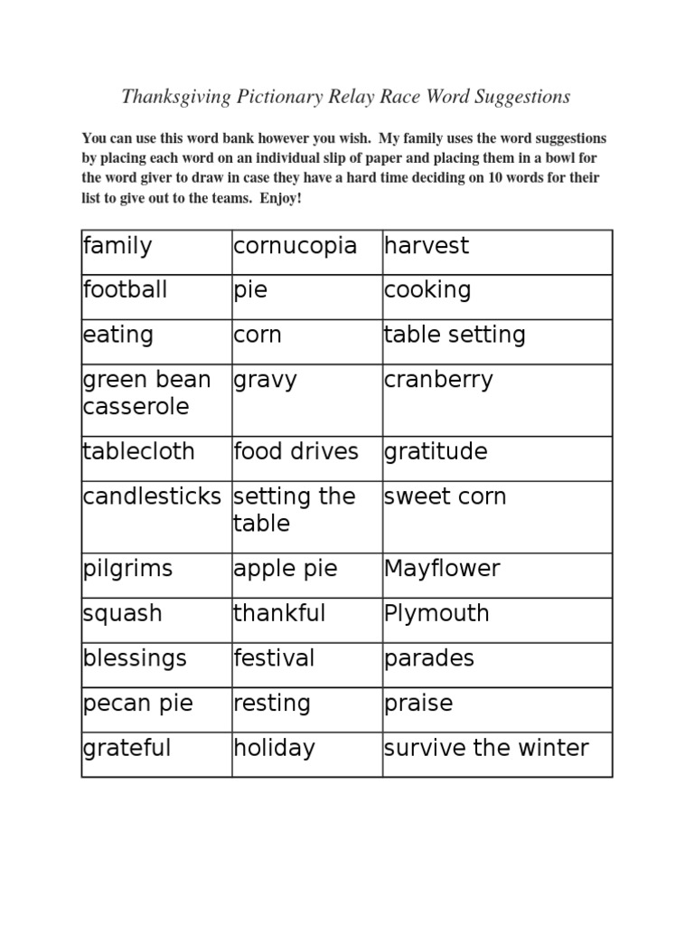 Thanksgiving Pictionary Relay Race Word Ideas | PDF