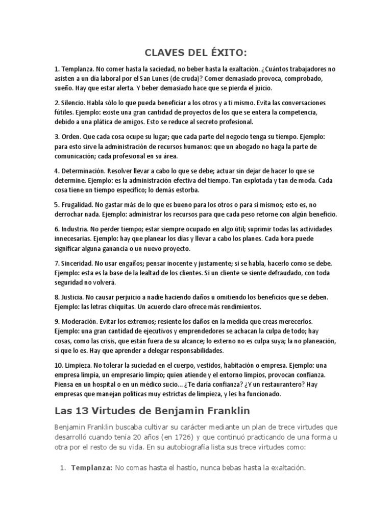 Las 10 Claves Del Éxito y Las 13 Virtudes de Benjamín Franklin | PDF