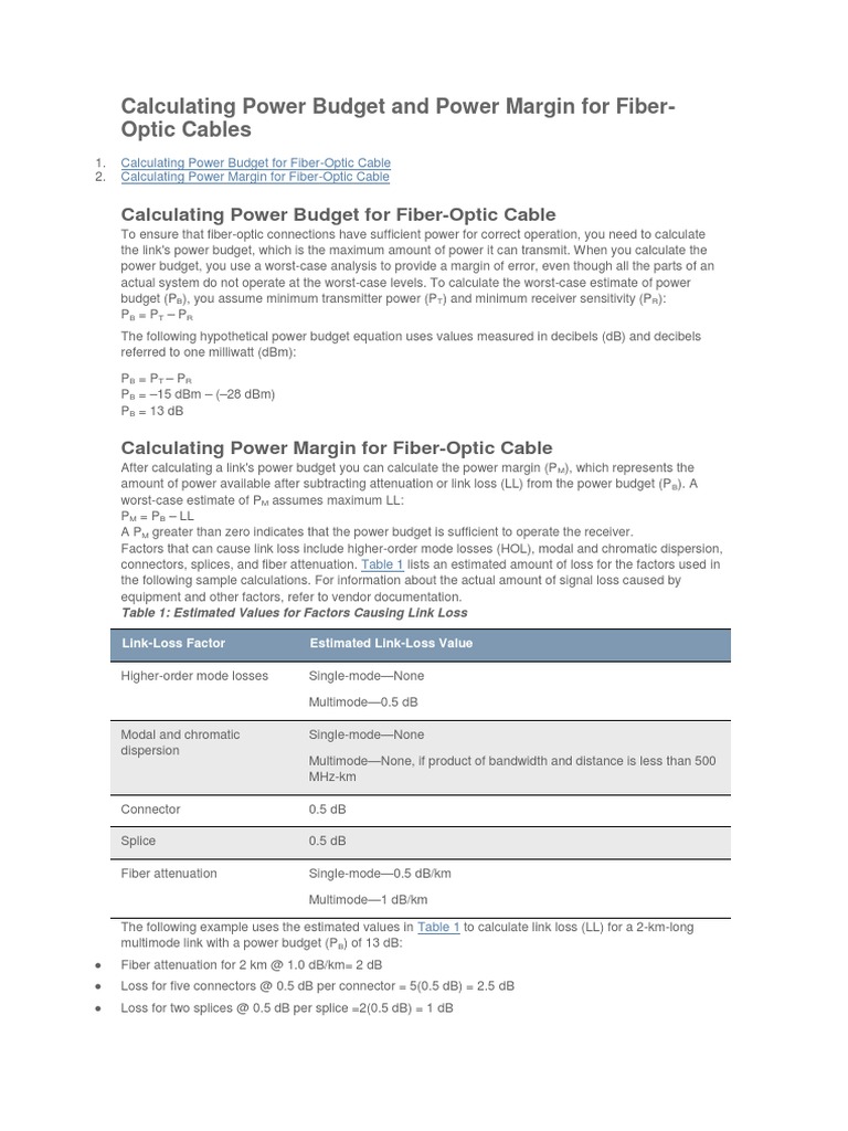 Calculating Power Budget and Power Margin For Fiber | PDF | Optical ...