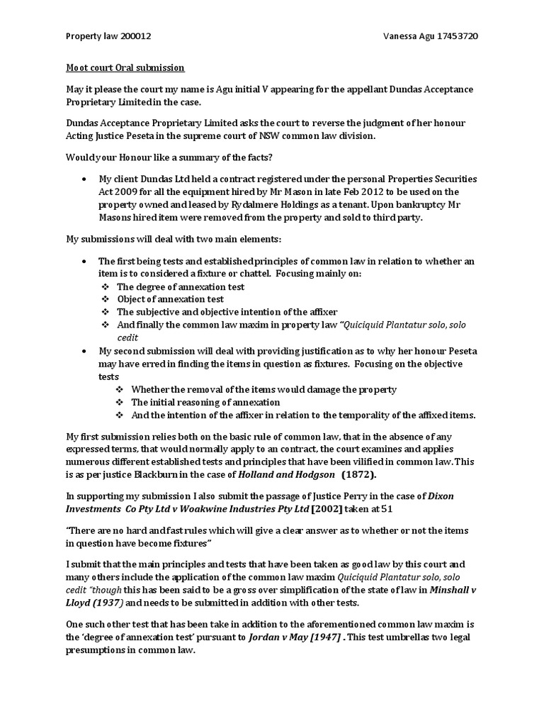 Moot Court Oral Submission on Fixtures | PDF | Private Law | Social ...