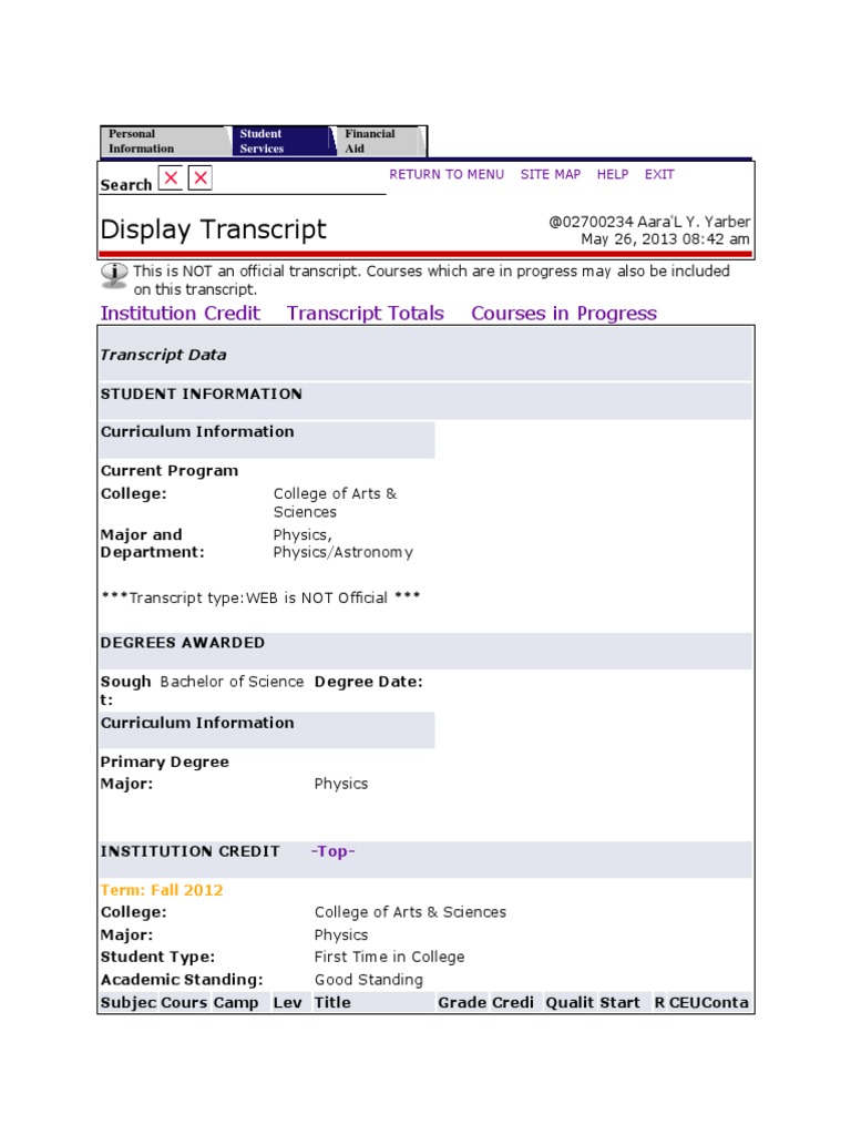Display Transcript: Institution Credit Transcript Totals Courses in ...