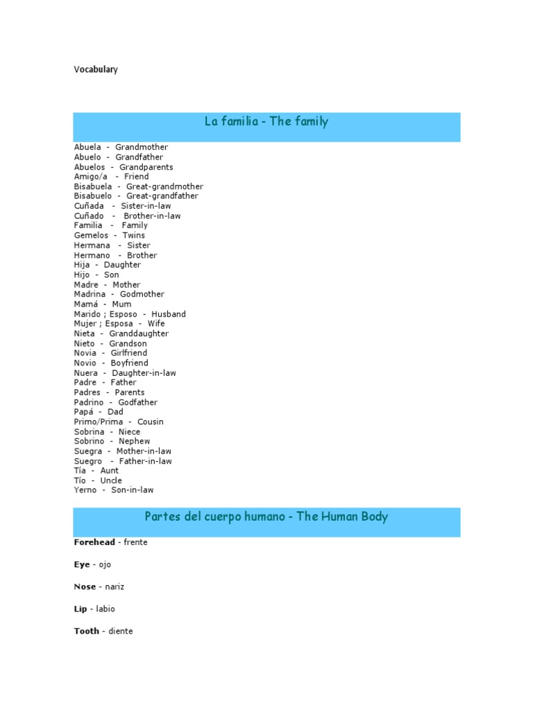La Familia - The Family: Vocabulary | PDF