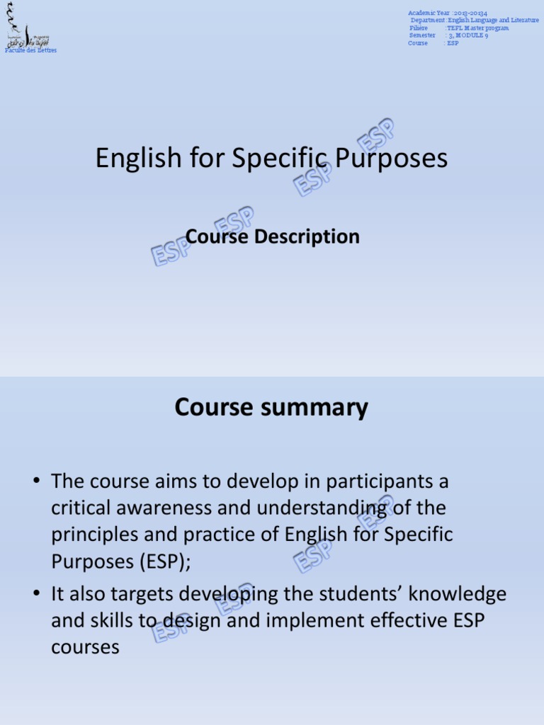 ESP Course Description | English Studies | Educational Assessment