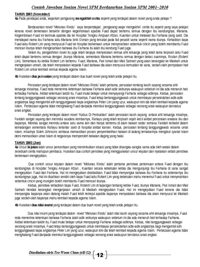 Contoh Jawaban Soalan Novel SPM Berdasarkan Soalan SPM 2001 2010 | PDF