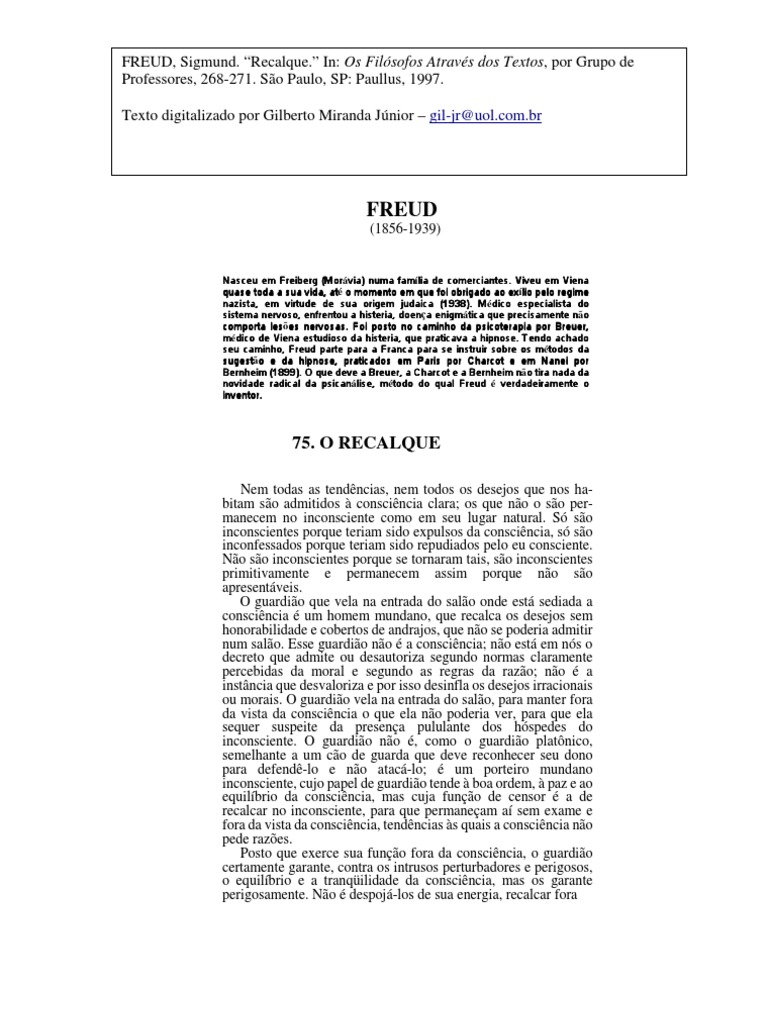 FREUD - Introducao a Psicanalise - Recalque | Sigmund Freud | Psicanálise