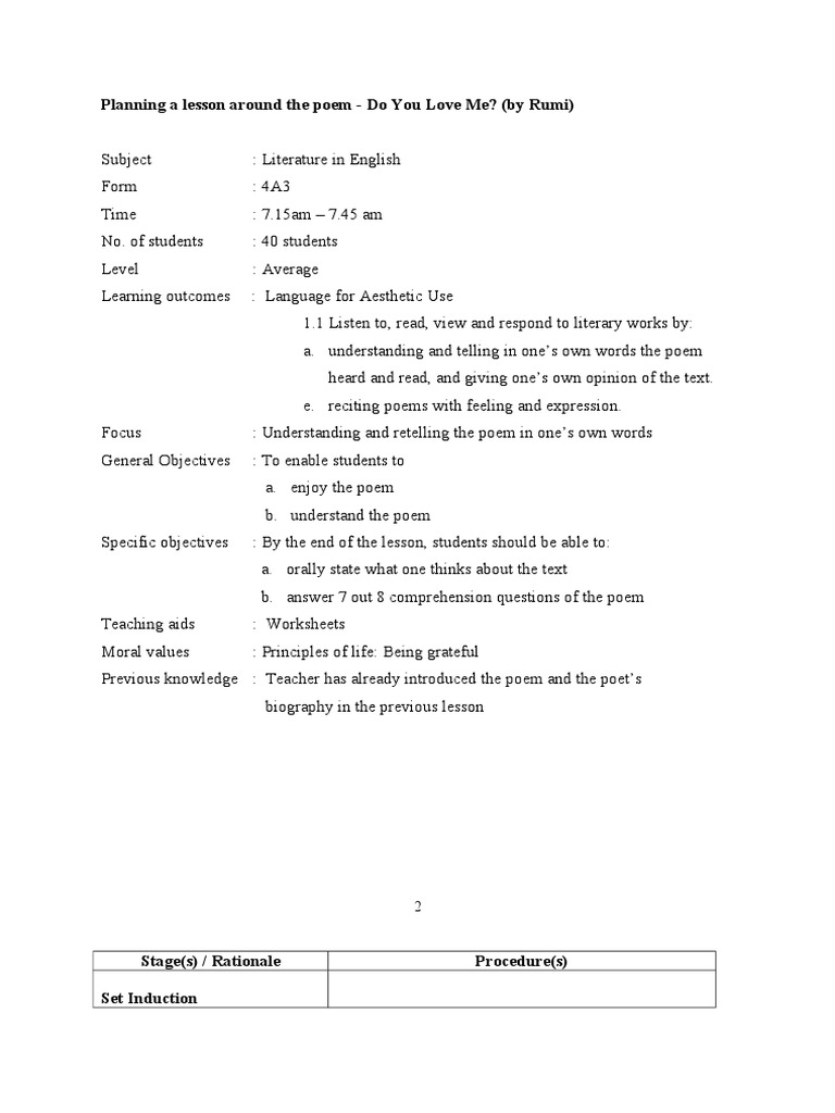 Planning A Lesson Around The Poem | PDF | Further Education | Teaching ...