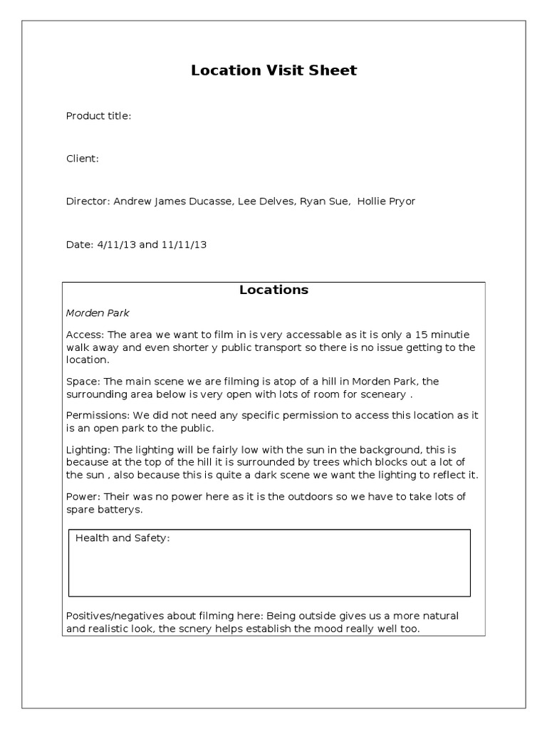 Location Visit Sheet: Locations | PDF