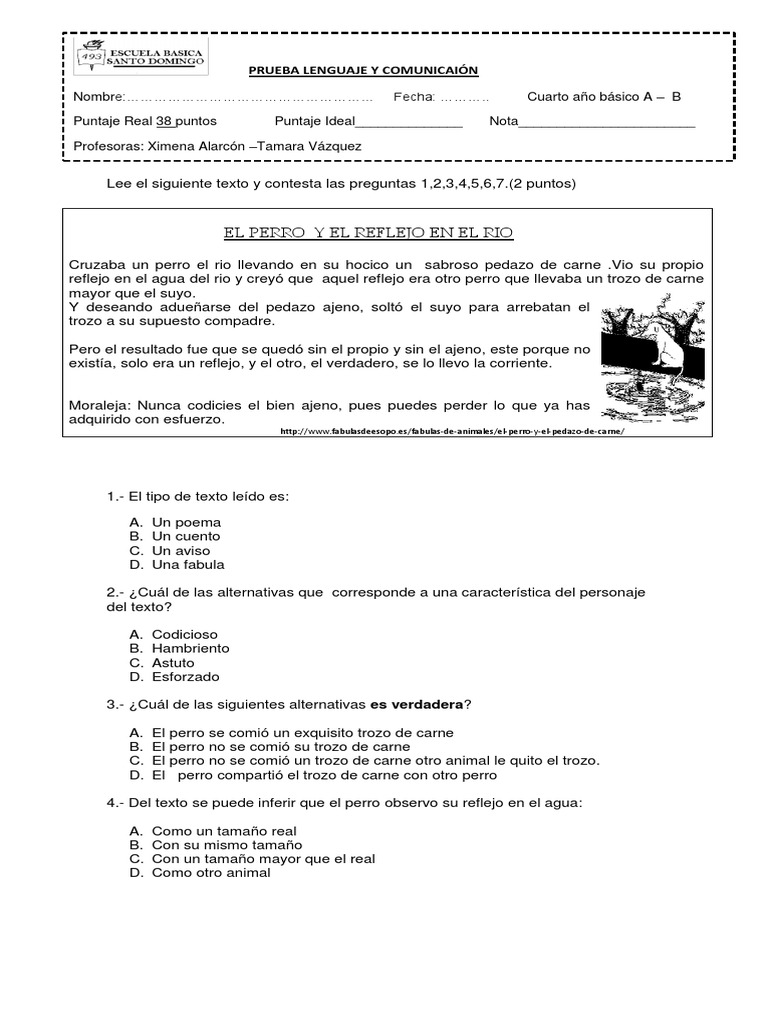 Comprensión de "El perro y su reflejo" | PDF | Fábula