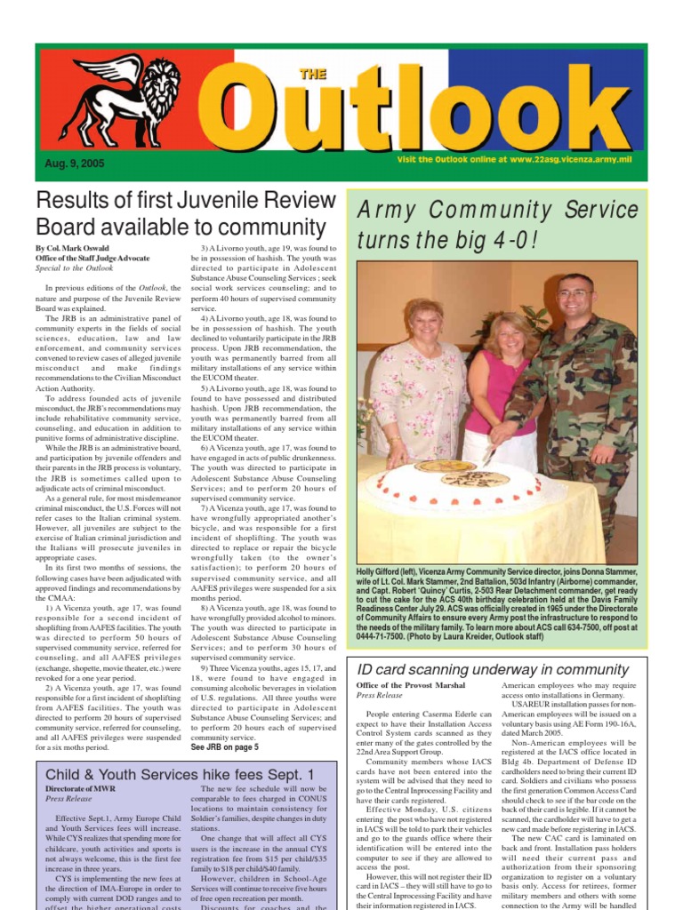 Outlook Newspaper, 9 August 2005, United States Army Garrison Vicenza ...