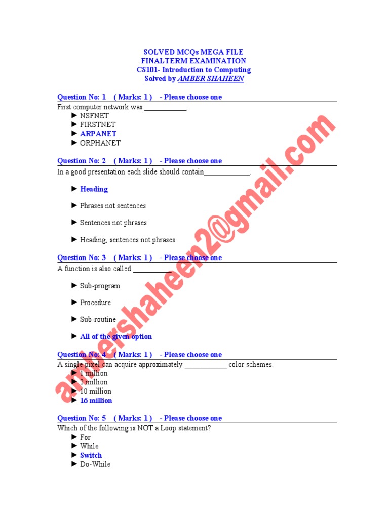 CS101 Finalterm MCQs Mega File | PDF | Computer Networking | Computer Data