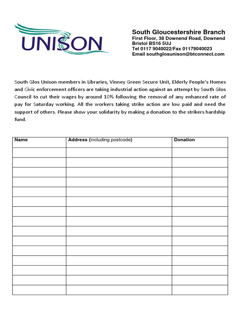 South Gloucester UNISON Collection Sheet | PDF