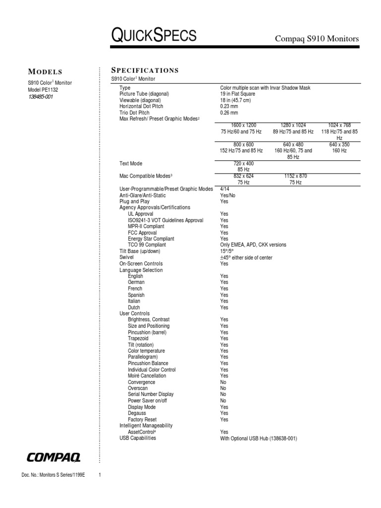 s910 Specs | PDF | Usb | Computer Engineering