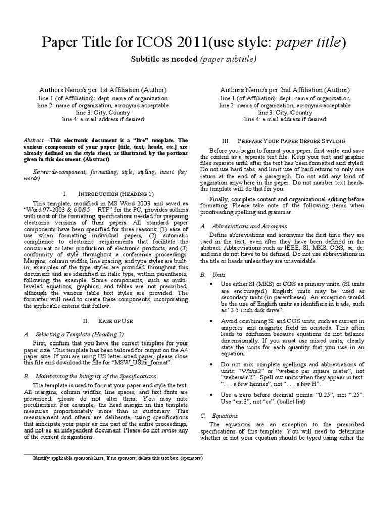 Paper Title For ICOS 2011 (Use Style: Paper Title) : Subtitle As Needed ...