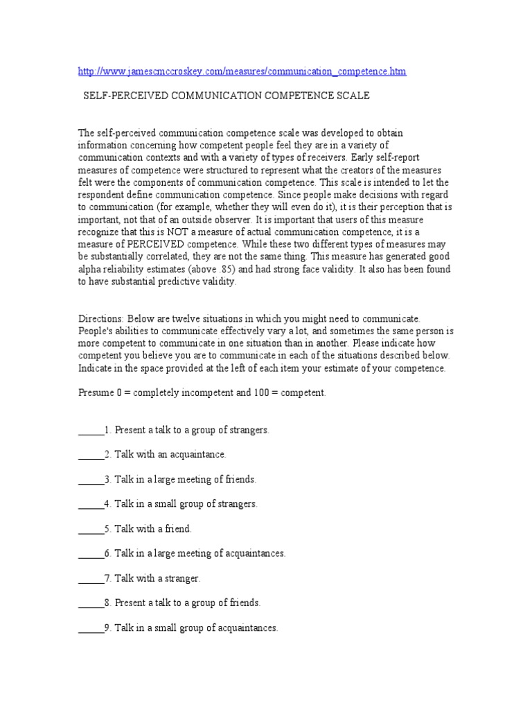 Self-Perceived Communication Competence | PDF | Psychological Testing ...