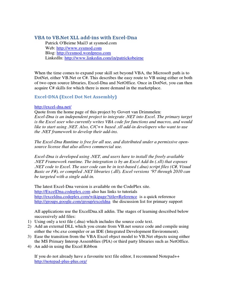 Vba To Vb Net Xll Add In With Excel Dna Pdf Visual Basic For Applications Microsoft Excel
