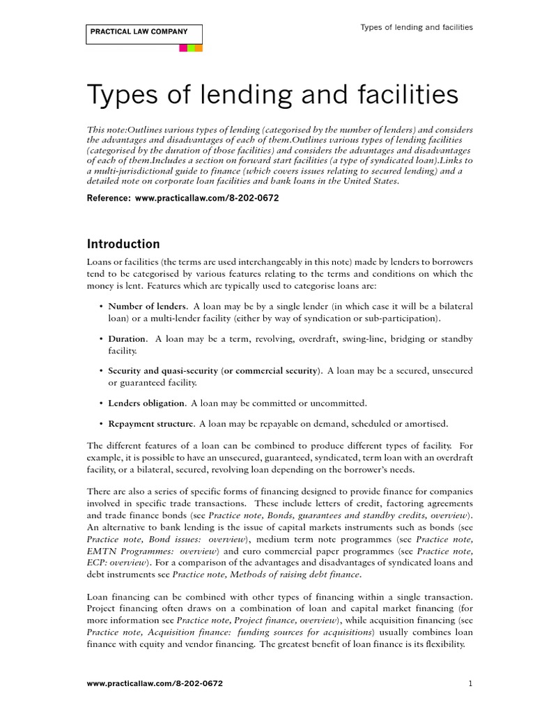 Types of Lending and Facilities PDF | PDF | Syndicated Loan | Loans