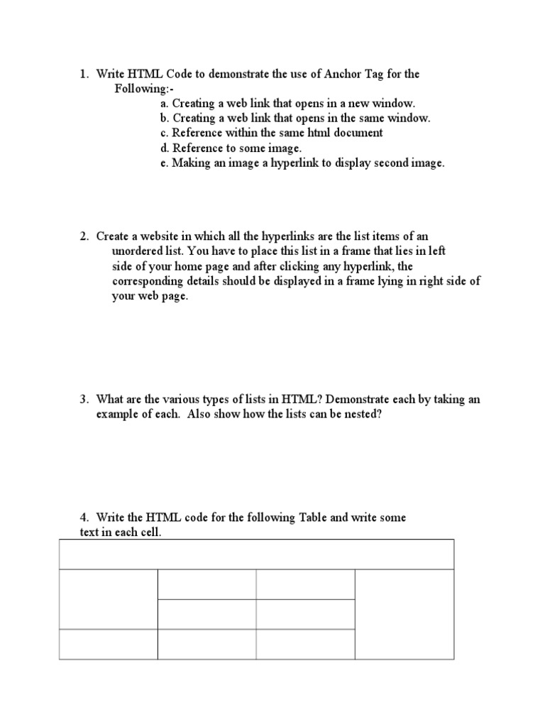 Html Practical Questions List 14 5 13 Doc Html World Wide Web Consortium Standards