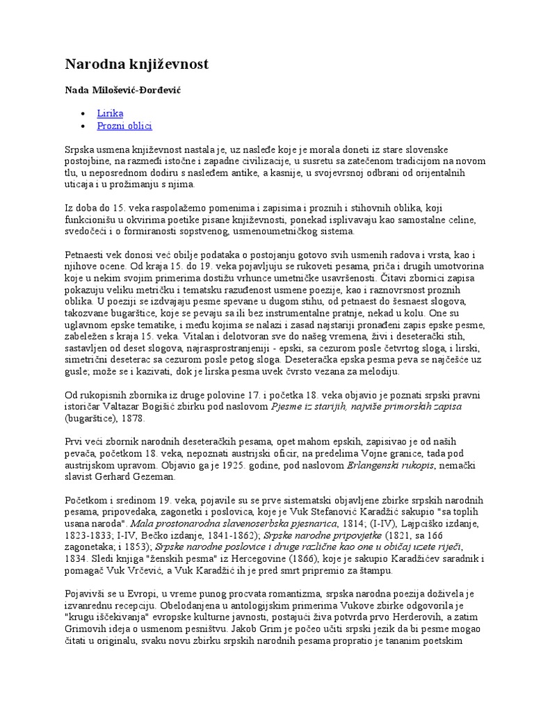 Narodna Knjizevnost - Nada Milosevic Djordjevic | PDF