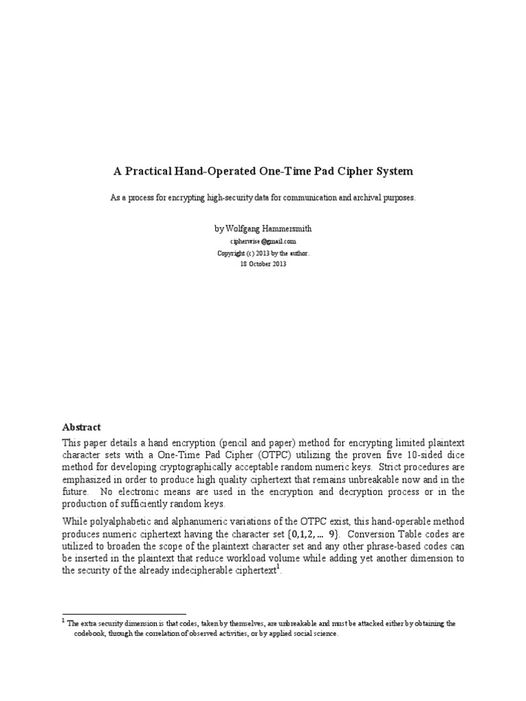 A Practical Hand-Operated One-Time Pad Cipher System | PDF ...