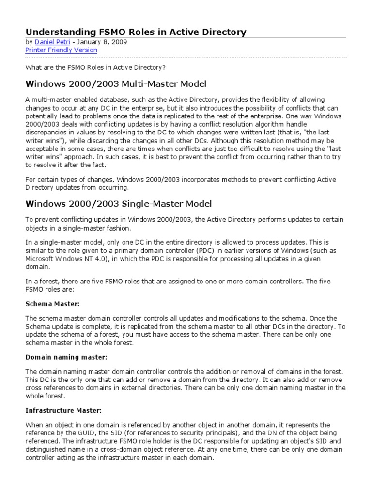 Understanding FSMO Roles in Active Directory PDF | PDF | Active ...