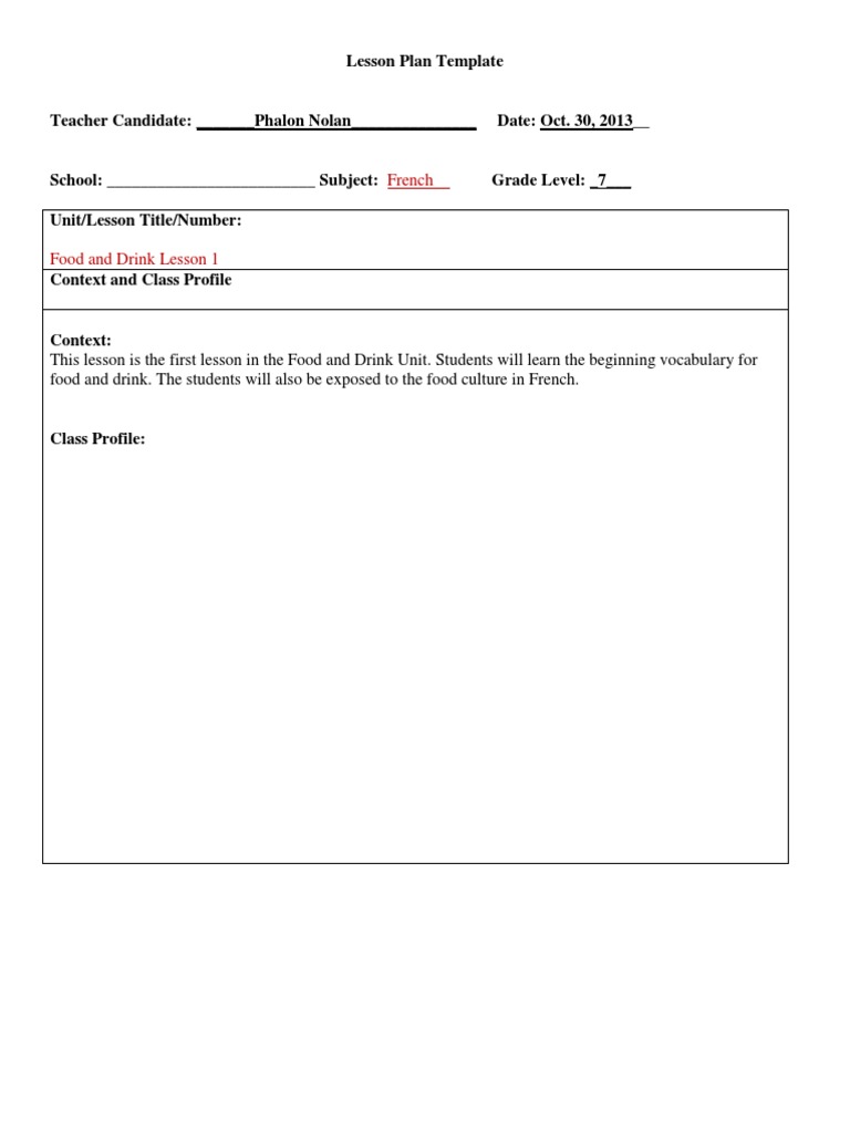 French Food and Drink Lesson Plan | PDF | Lesson Plan | Vocabulary