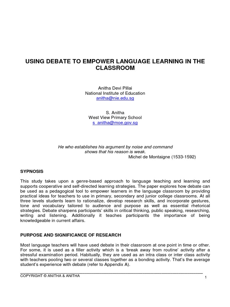 Using Debate To Empower Language Learning in The Classroom: Anitha@nie ...