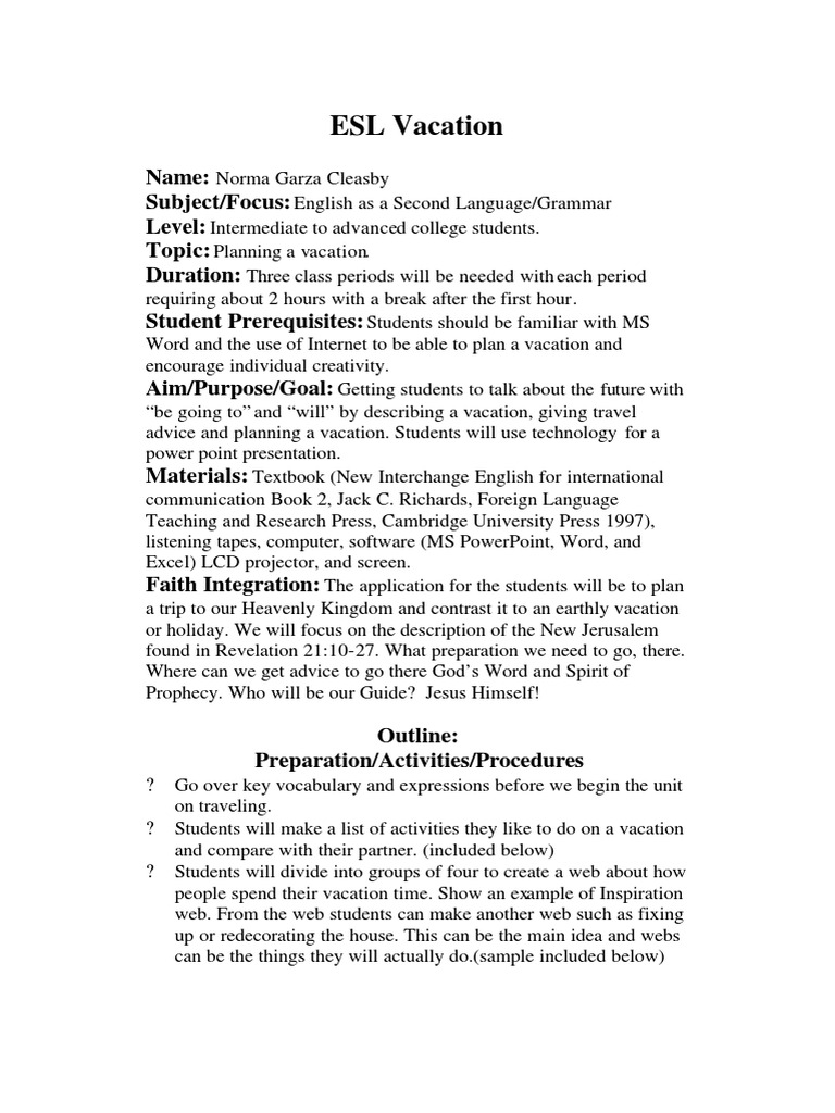 Vacation ESL Lesson Plan | PDF | English As A Second Or Foreign ...