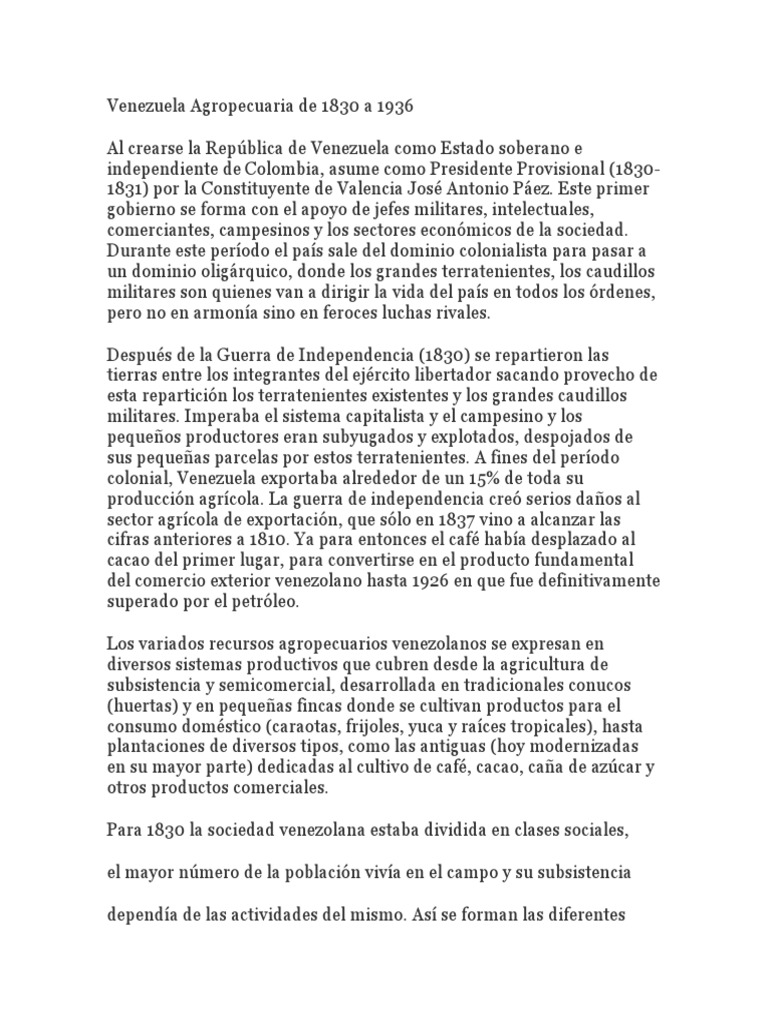 Venezuela Agropecuaria de 1830 A 1936 | Venezuela | Agricultura