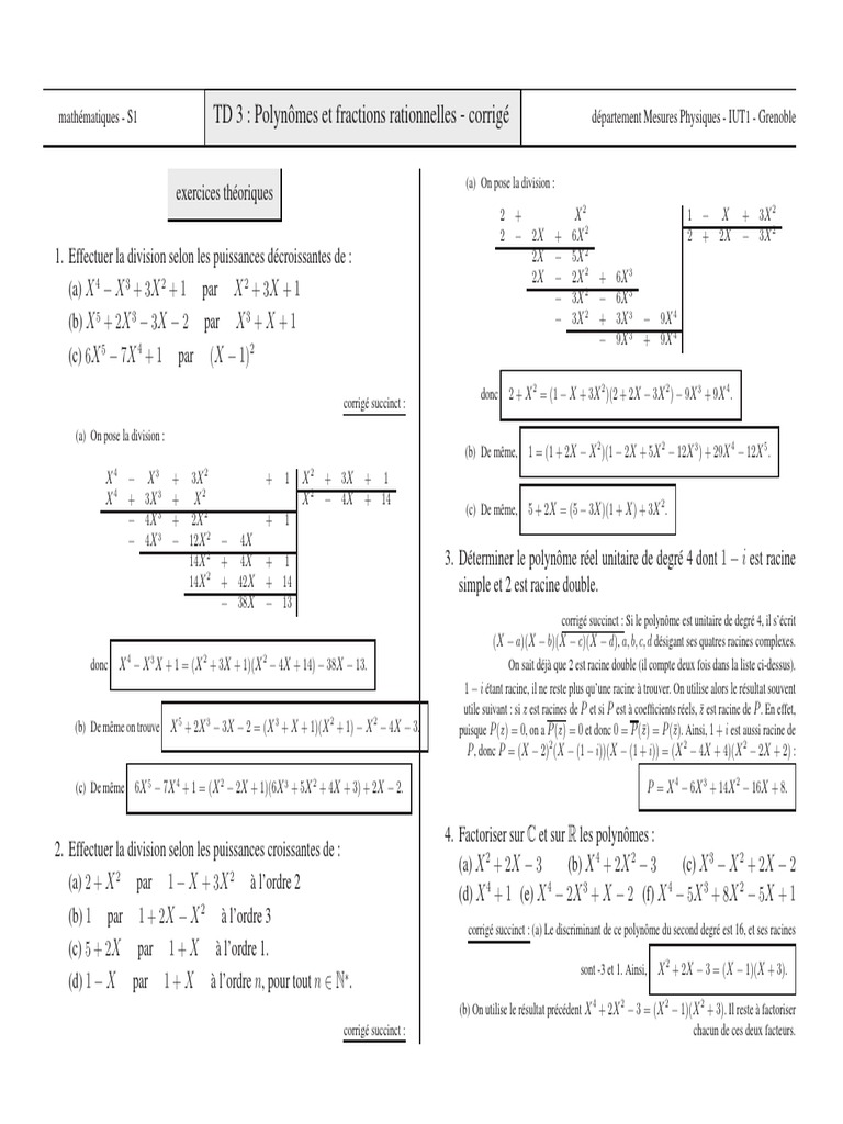 Exercices corrigés Polynomes et fractions rationnelles | Polynôme ...