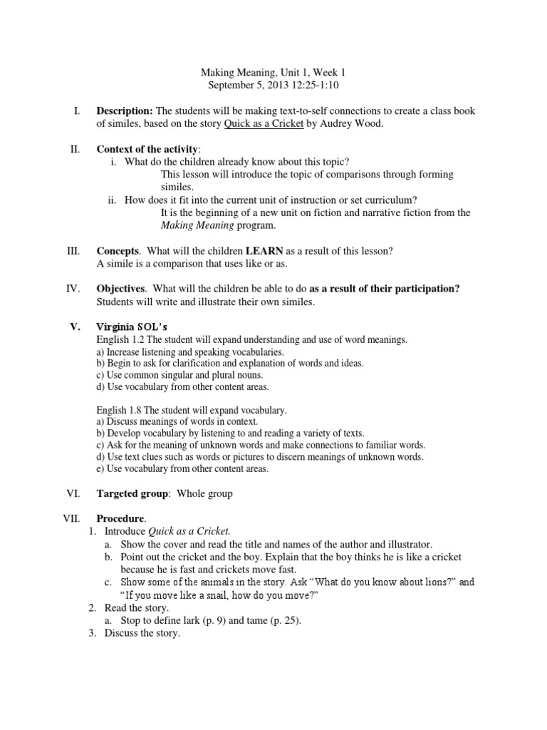 Simile Creation with Quick as a Cricket | PDF | Vocabulary | English ...