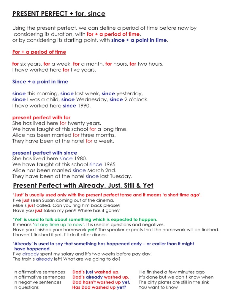 Present Perfect With For, Since, Yet, Already, Just PDF | PDF