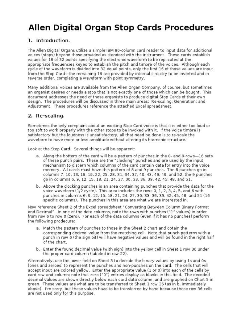 Allen Organ Stop Card Guide | PDF | Harmonic | Spreadsheet
