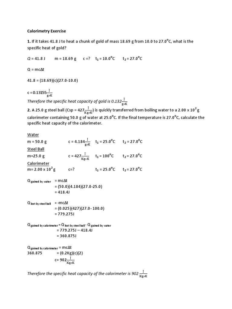 Calorimetry Exercise PDF | PDF | Properties Of Water | Hydrogen