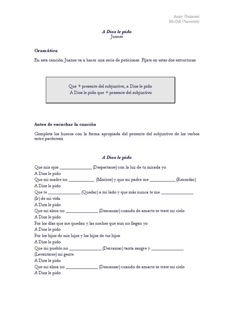 A Dios Le Pido Juanes Subjuntivo | PDF | Estudios de idiomas ...