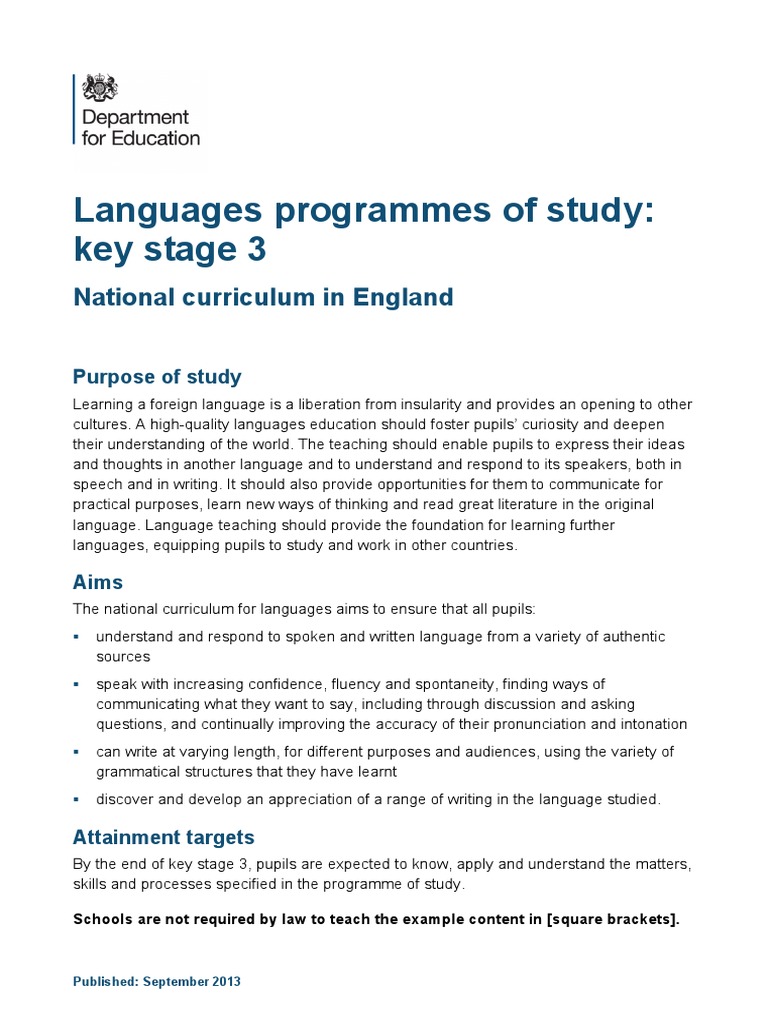 Languages Programmes Of Study Key Stage 3 National Curriculum In