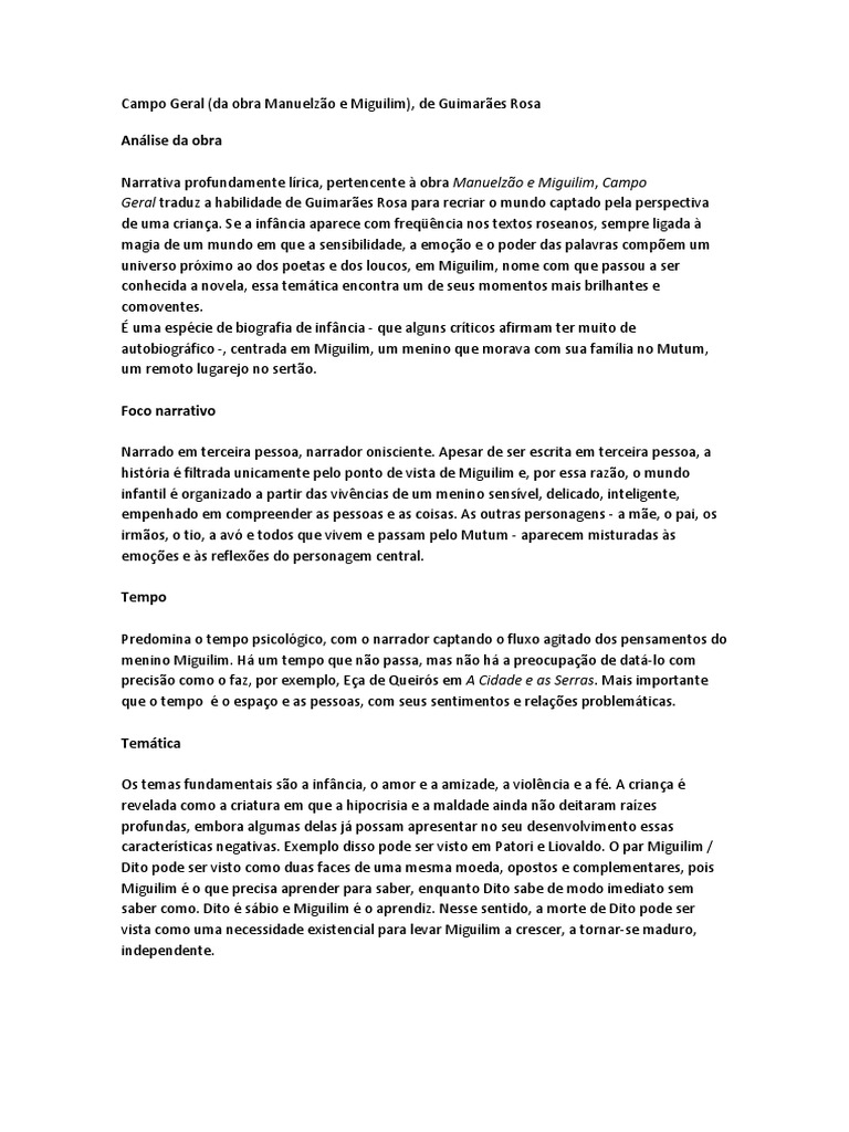 Análise Campo Geral - Guimarães Rosa | PDF | Tempo | Narração