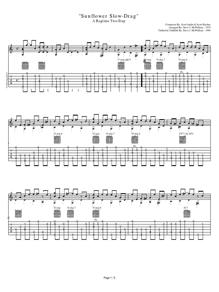 Sunflower Slow Rag Guitar Rag | PDF | Ragtime | Ragtime Composers
