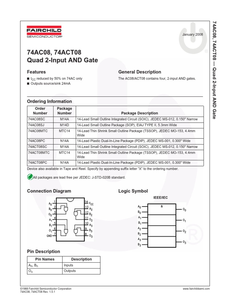 74AC08, 74ACT08 Quad 2-Input AND Gate: Features General Description ...