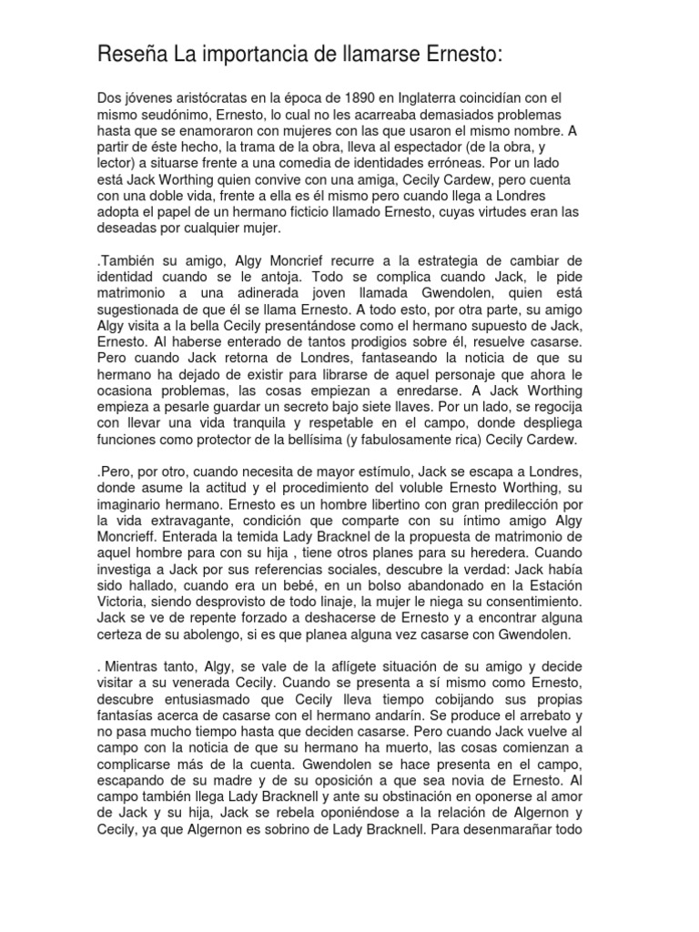 Reseña de "La importancia de llamarse Ernesto" | PDF | Oscar Wilde