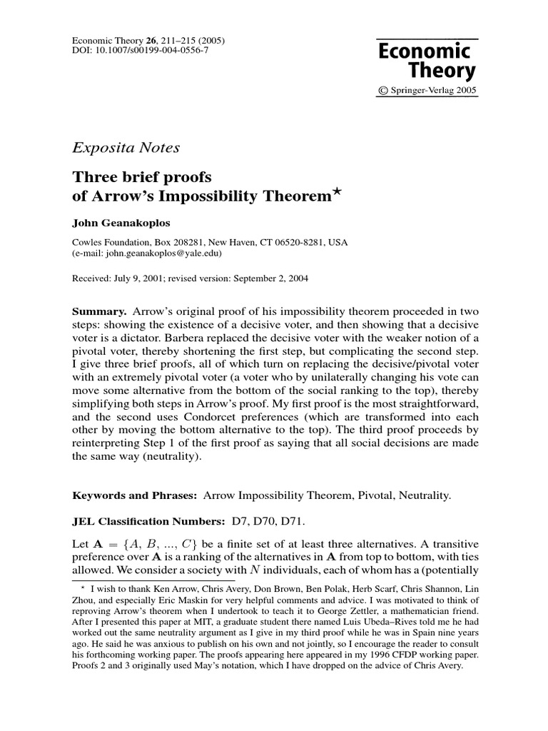 Three Brief Proofs of Arrow S Impossibility Theorem | PDF ...