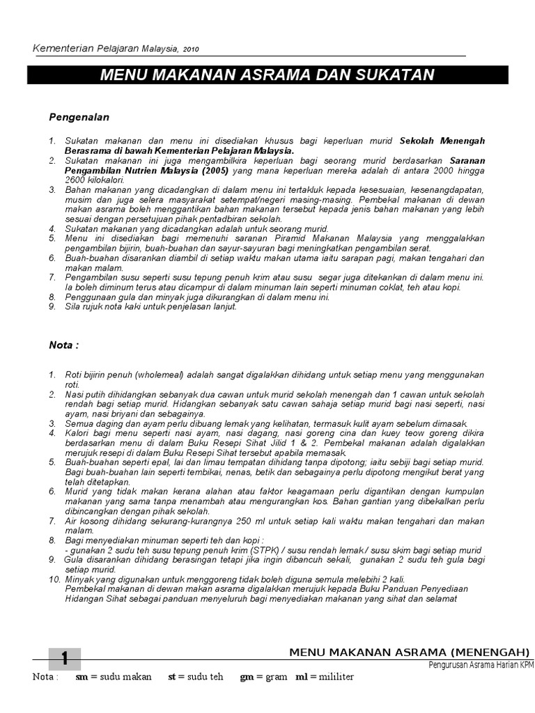 090 - Menu Makanan Asrama KPM (Menengah) | PDF