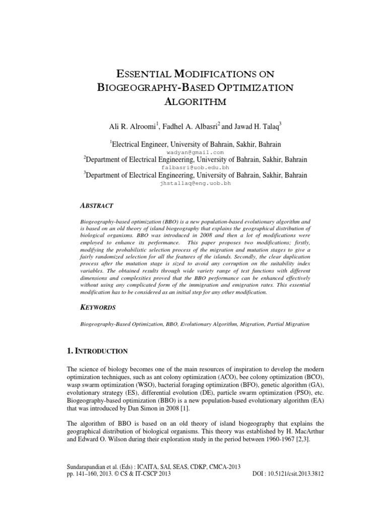 Essential Modifications On Biogeography-Based Optimization Algorithm | PDF | Biogeography ...