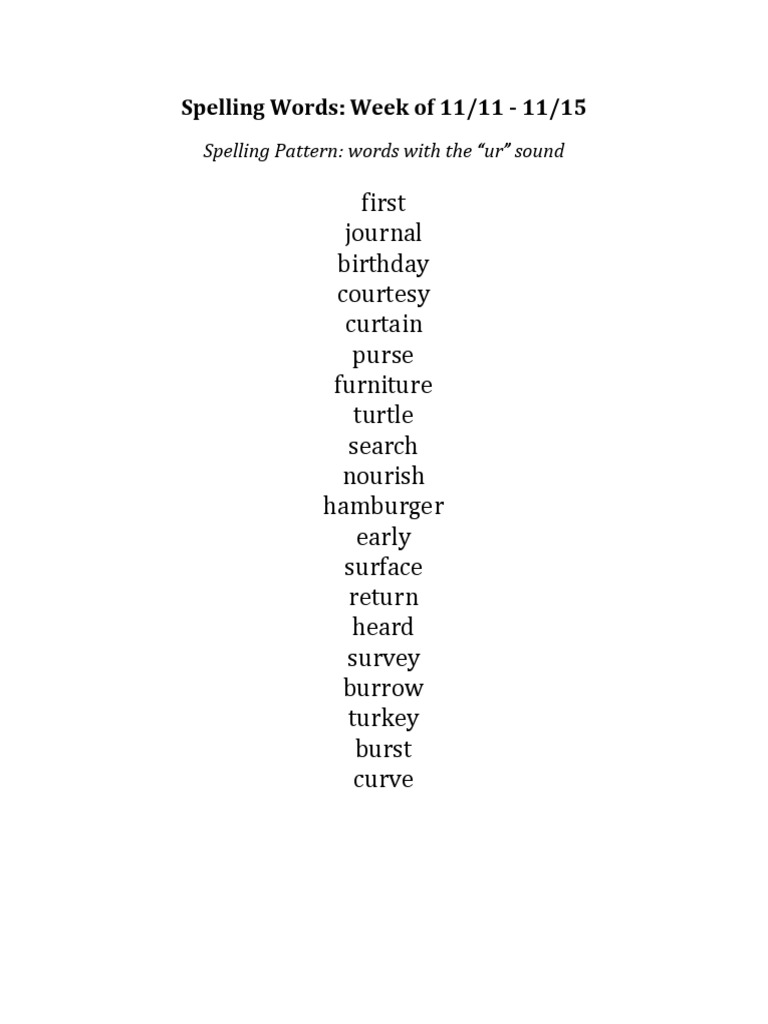 Weekly Spelling Words: Nov 11-15 | PDF