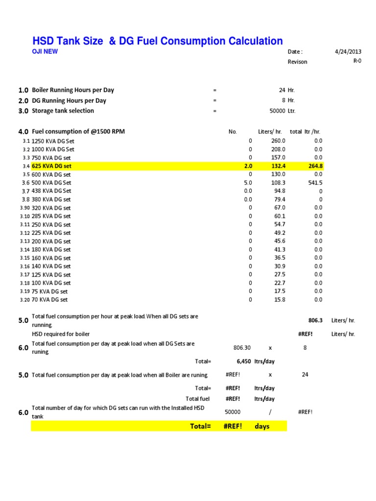 HSD Tank Size & DG Fuel Consumption Calculation | PDF | Home & Garden ...
