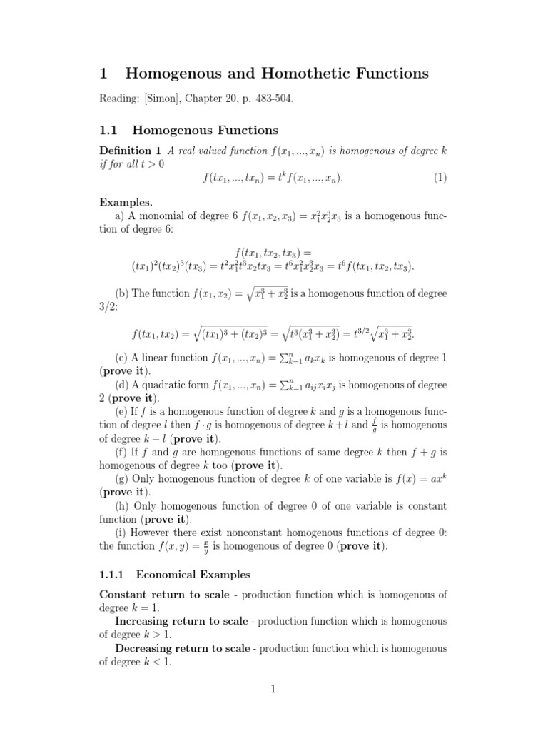 Homogeneous And Homothetic Functions Pdf Pdf Monotonic Function Teaching Mathematics