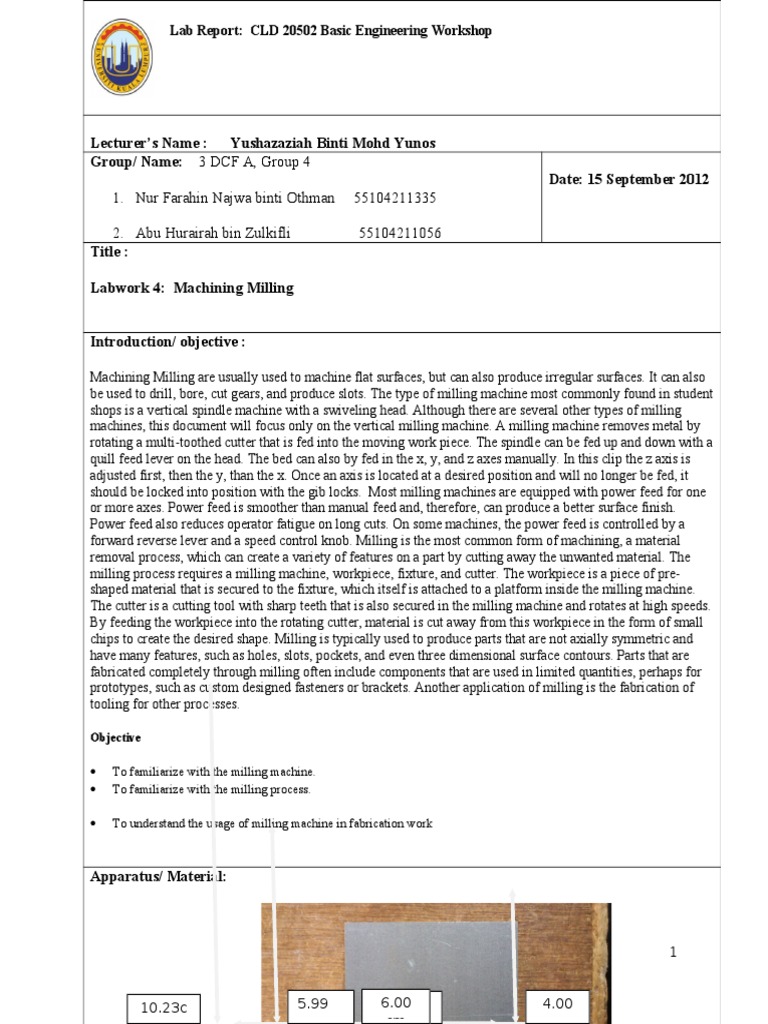 2 Lab - Report - Milling | PDF | Machining | Machines